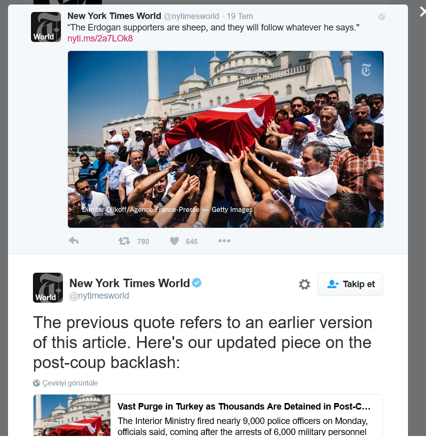 New York Times tweeted Erdogan's supporters are sheep? - Teyit